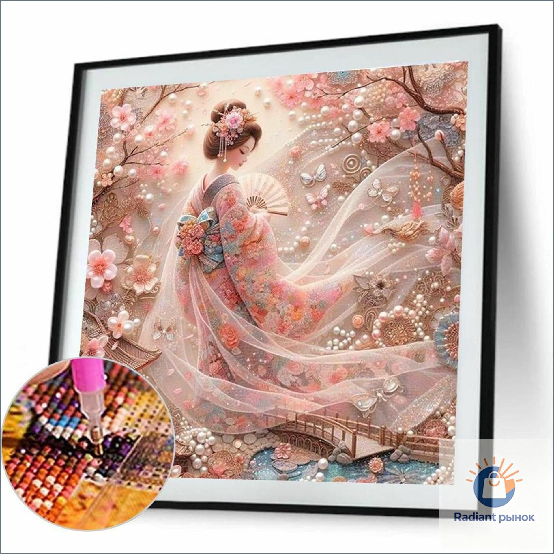 Диамантная картина Гейша в стиле кабуки, 40 40 см, 5D-вышивка акриловыми камнями