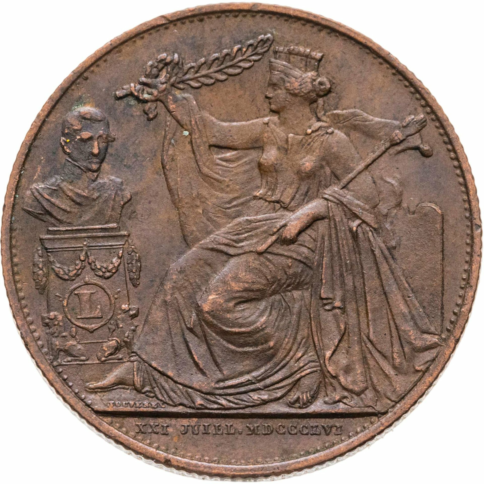 Бельгия 5 сантимов 1856 "25 лет инаугурации Короля", Медь, в сохранности XF