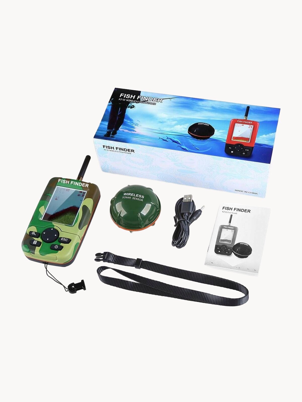 Эхолот для рыбалки с лодки, дальность 100м, глубиномер до 50м, цвет камуфляж