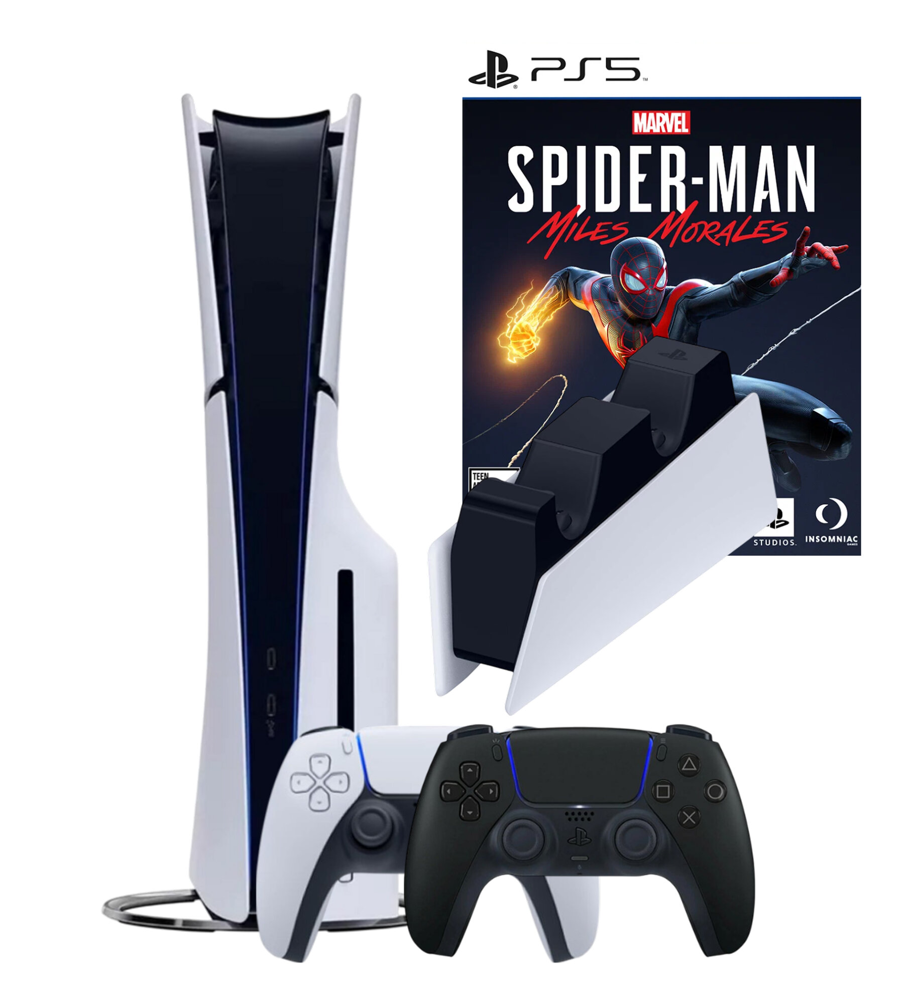 Игровая приставка Sony PS5 Slim + 2й геймпад черный + игра Spider Man Morales + станция зарядки