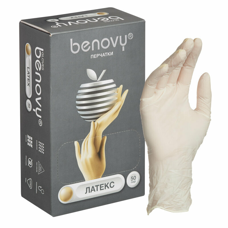 Мед. смотров. перчатки латекс, нестер, с пудрой, Benovy (L) 50 пар/уп, 484285