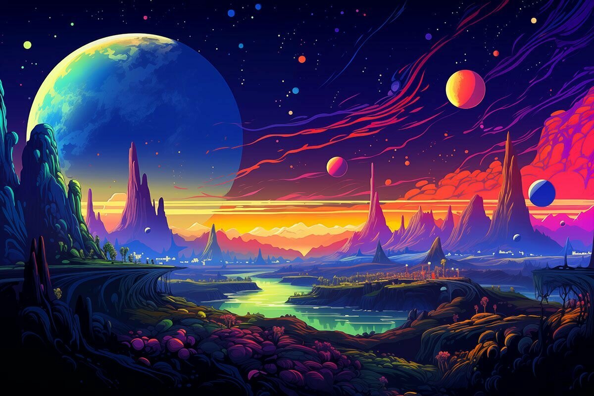 Флуоресцентная интерьерная картина на ткани с ярким рисунком "Planetary Panorama" - Арт панно фон, полотно на стену, светящийся в УФ ультрафиолете LED неоне гобелен, современный настенный декор