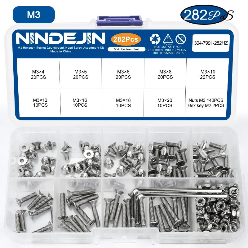 Набор винтов M3 NINDEJIN 282pcs из нержавеющей стали