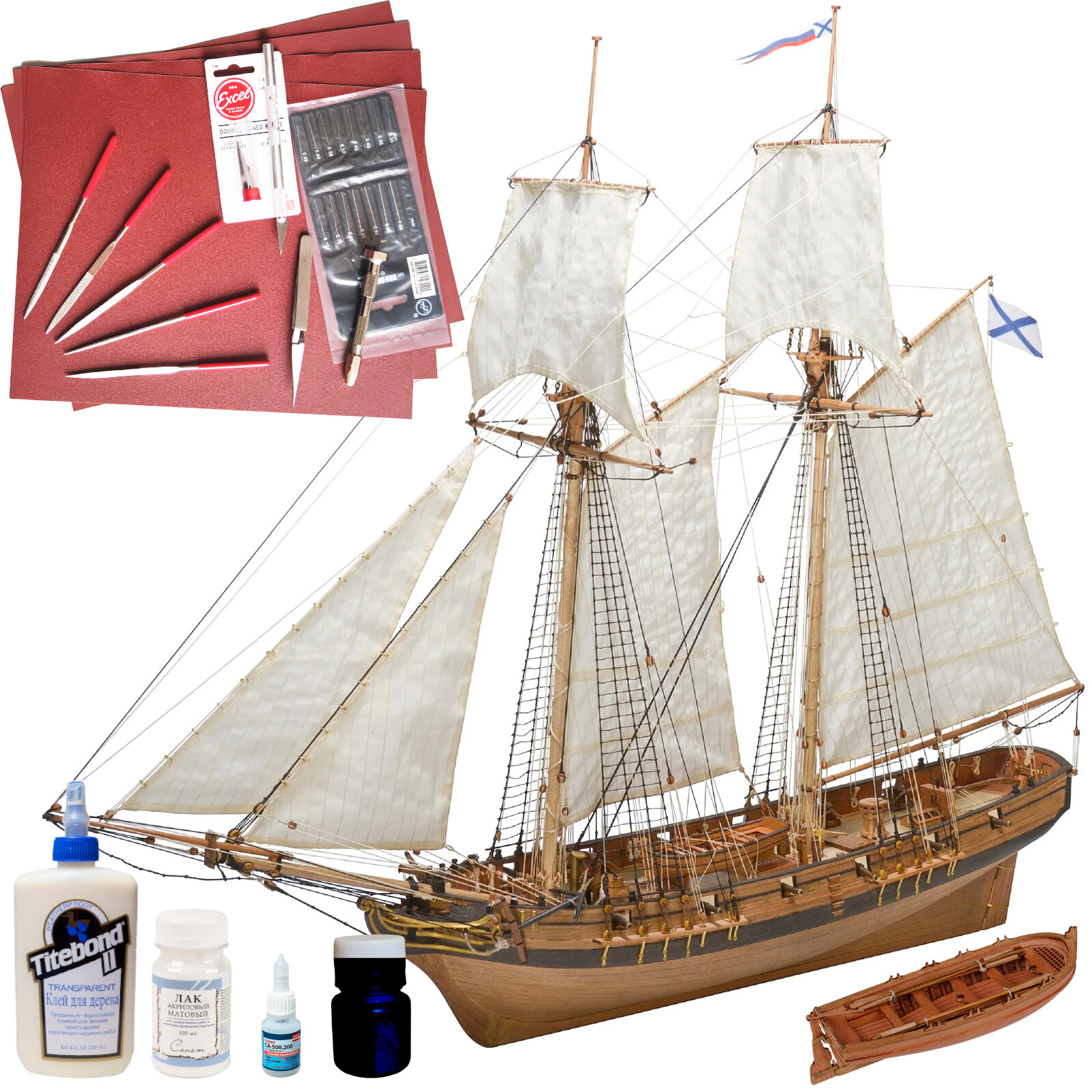 Сборная модель корабля "Шхуна Полоцк" со шлюпкой, 320 часов, М.1:72, набор с инструментами, красками, лаком и клеем