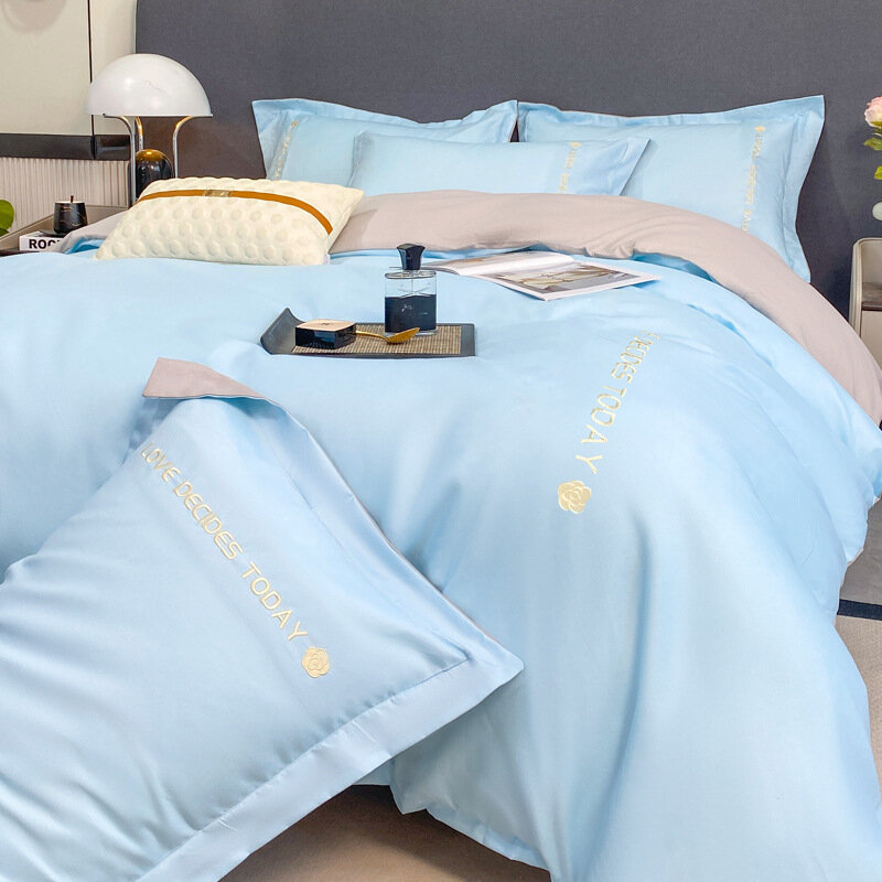 Комплект постельного белья Butterfly-Textile "Шуанпин", с вышивкой, хлопок, голубой, 4 шт