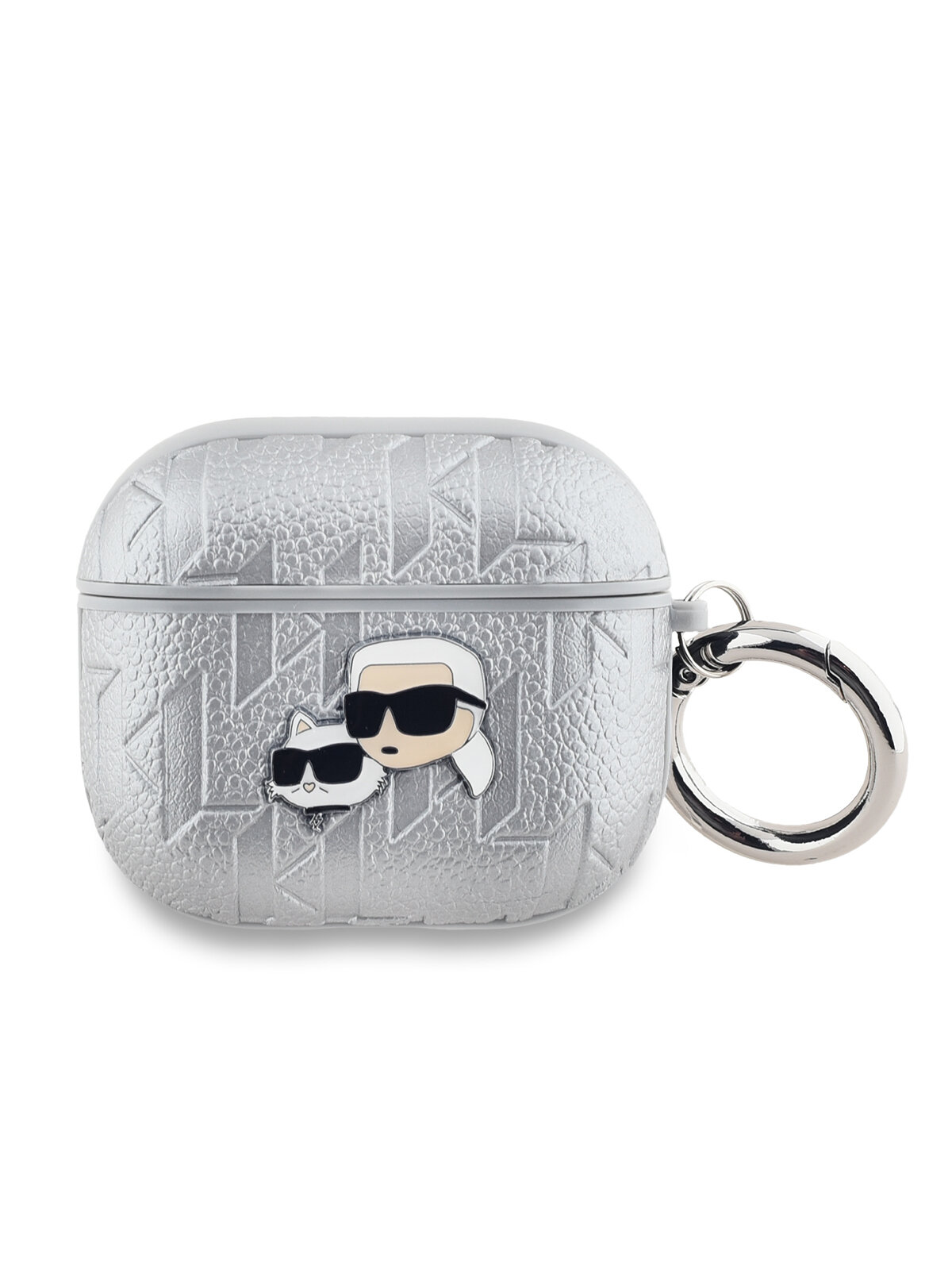 Lagerfeld для Airpods 3 чехол PU Saffiano Monogram with ring NFT Metal Head Karl & Choupette Silver