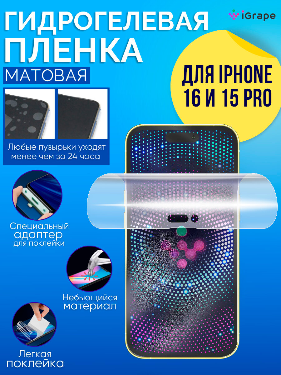 Гидрогелевая пленка iPhone 16, iPhone 15 Pro, iGrape (Матовая) / пленка на айфон 16 и на айфон 15 про