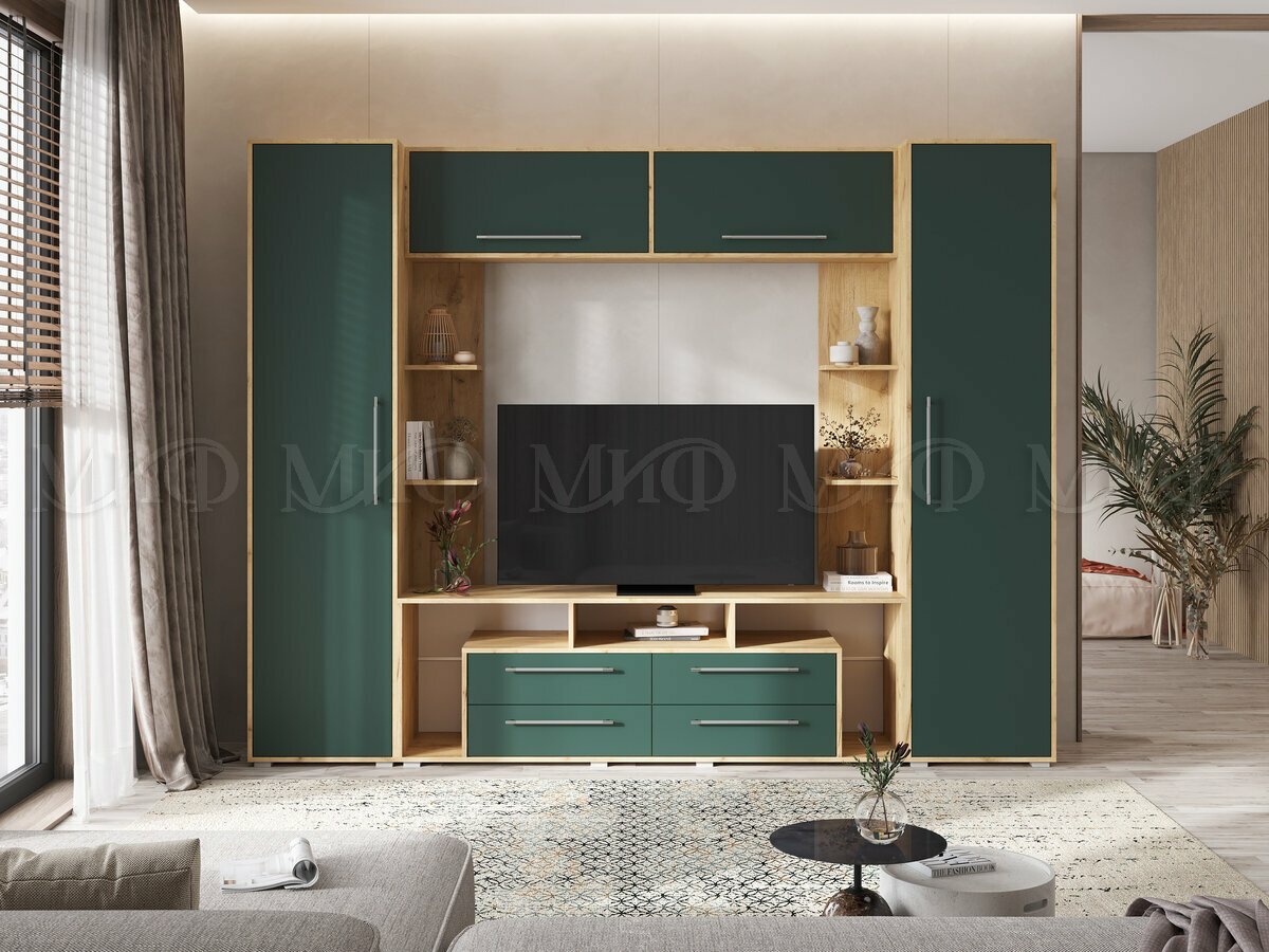 Гостиная мебель Миф Гармония МДФ цвет Браш мени грин/дуб крафт, размер 2700х440х2100мм