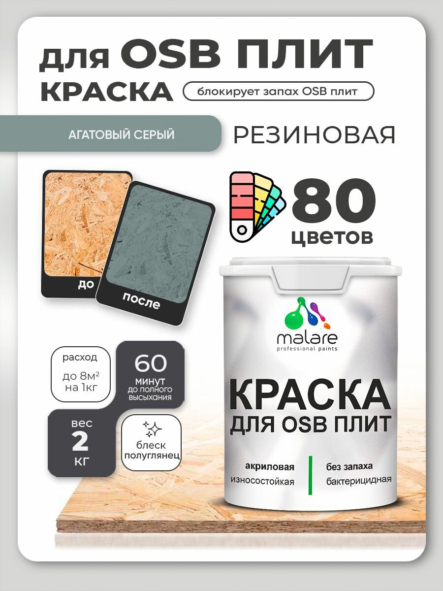 Резиновая краска для ОСБ плит Malare акриловая краска для дерева для наружных и внутренних работ, быстросохнущая без запаха полуглянцевая, агатовый серый, 2 кг