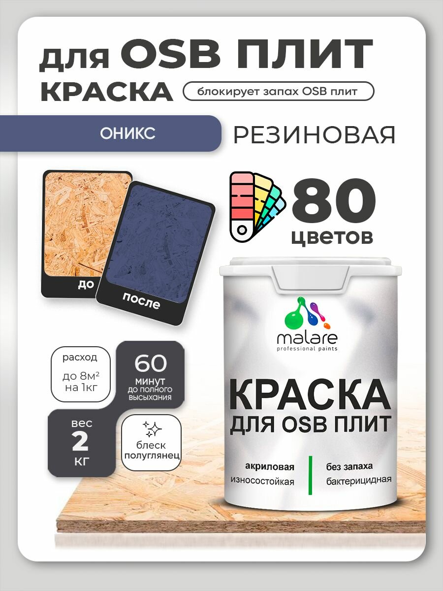 Резиновая краска для ОСБ плит Malare акриловая краска для дерева для наружных и внутренних работ, быстросохнущая без запаха полуглянцевая, оникс, 2 кг