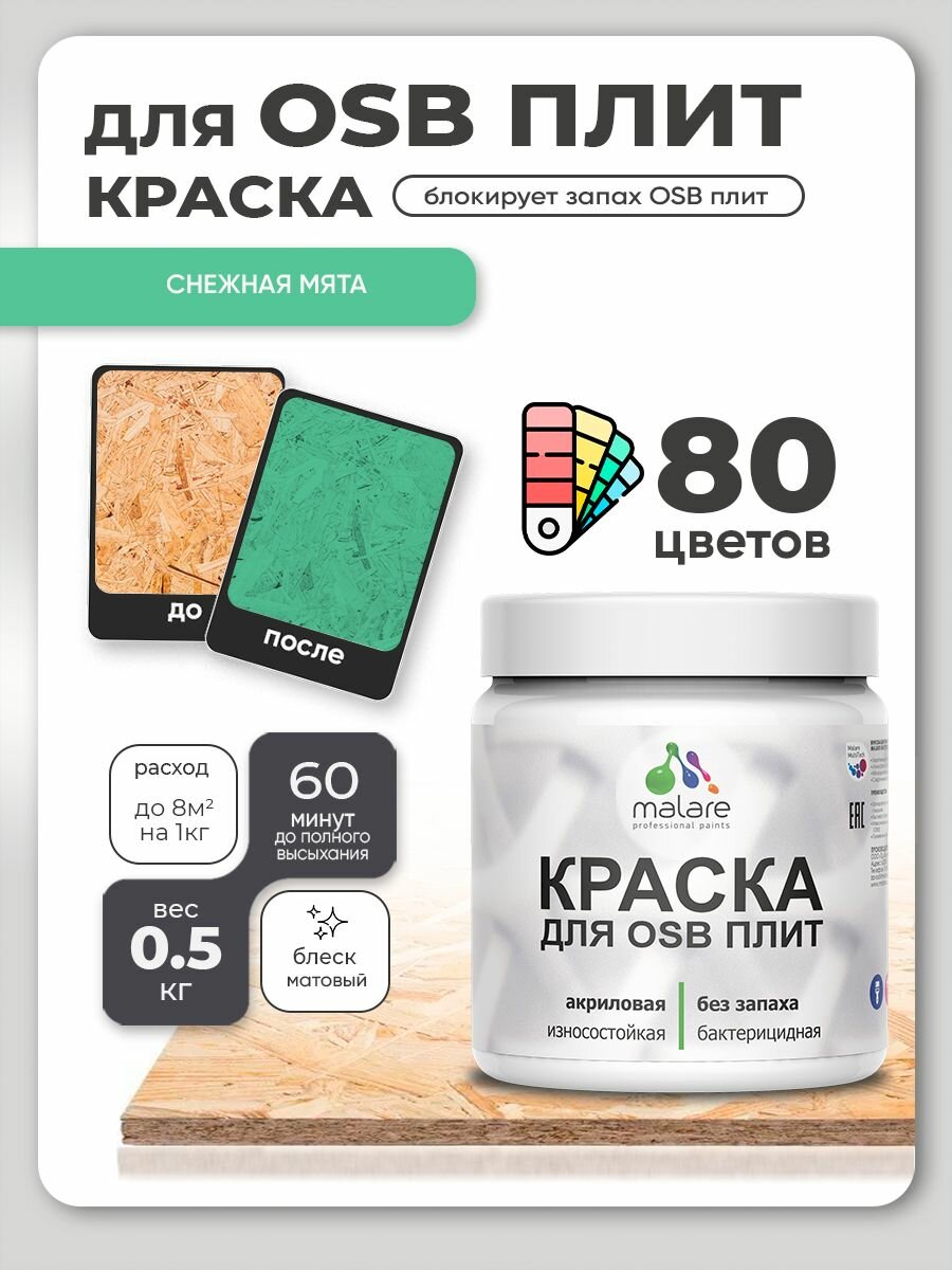 Акриловая краска для ОСБ плит Malare для дерева для наружных и внутренних работ, быстросохнущая без запаха матовая, снежная мята, 0.5 кг