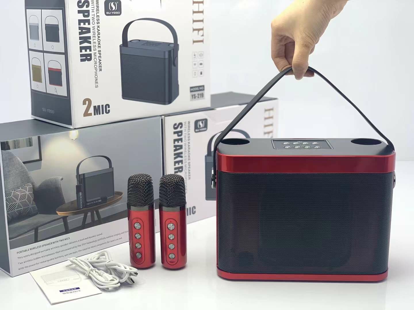 Караоке-система YS-219 портативная, беспроводной динамик, два микрофона (красный)