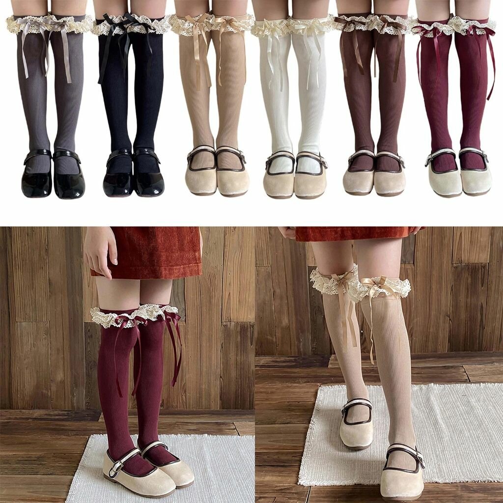 Кружевные Чулки С Бантиком Для Девочек в стиле Лолиты-Кофейный