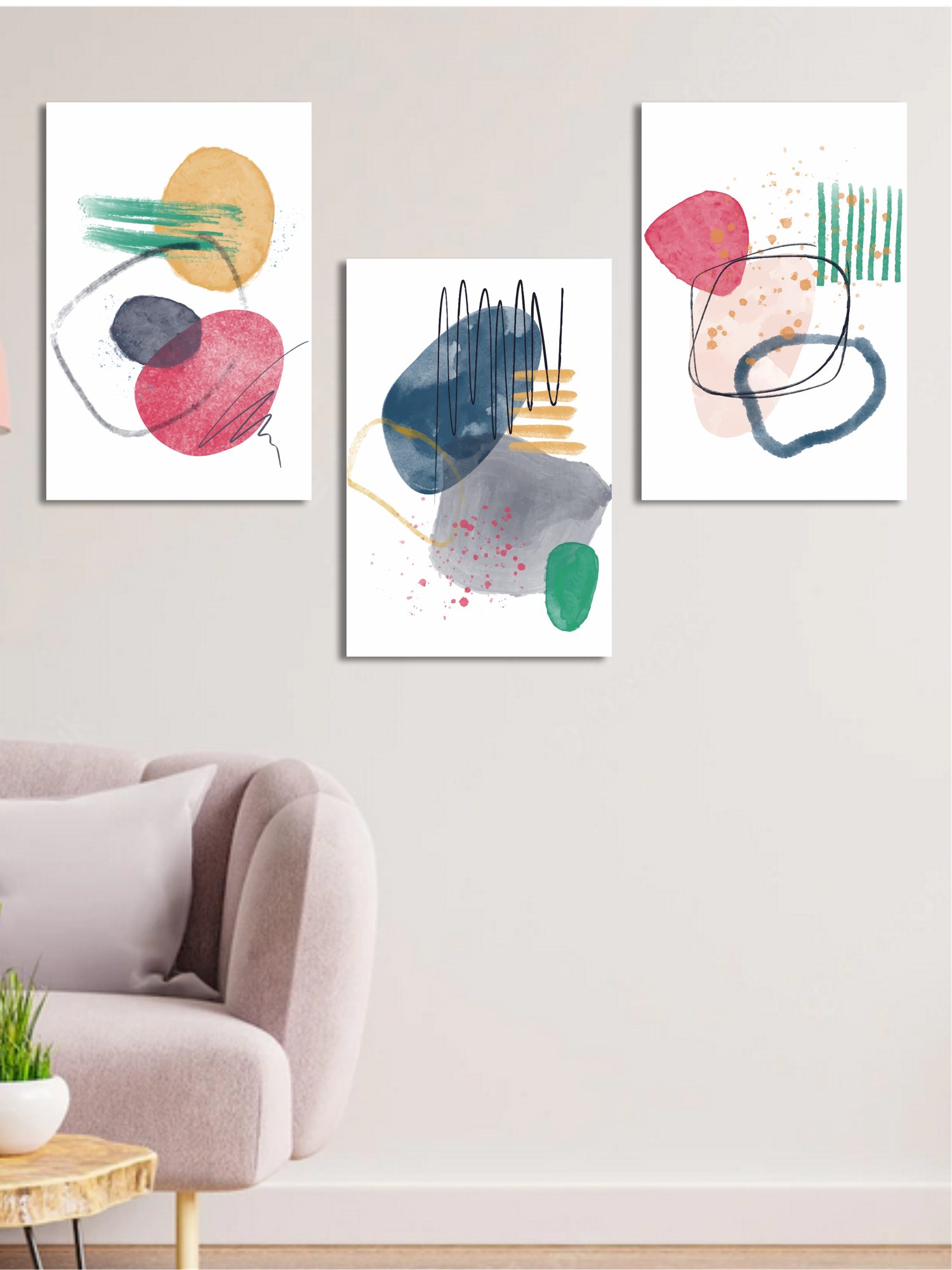 Модульная картина для интерьера на стену минимализм. Абстрактные пятна - цветовой акцент 40х60 см - 3 штуки на холсте на подрамнике