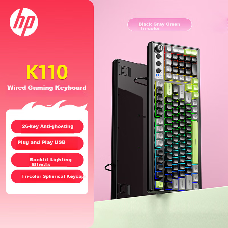 Клавиатура HP K110 с механическим ощущением, черно-серо-зеленая трихромная схема, 98-клавишная раскладка, проводная USB