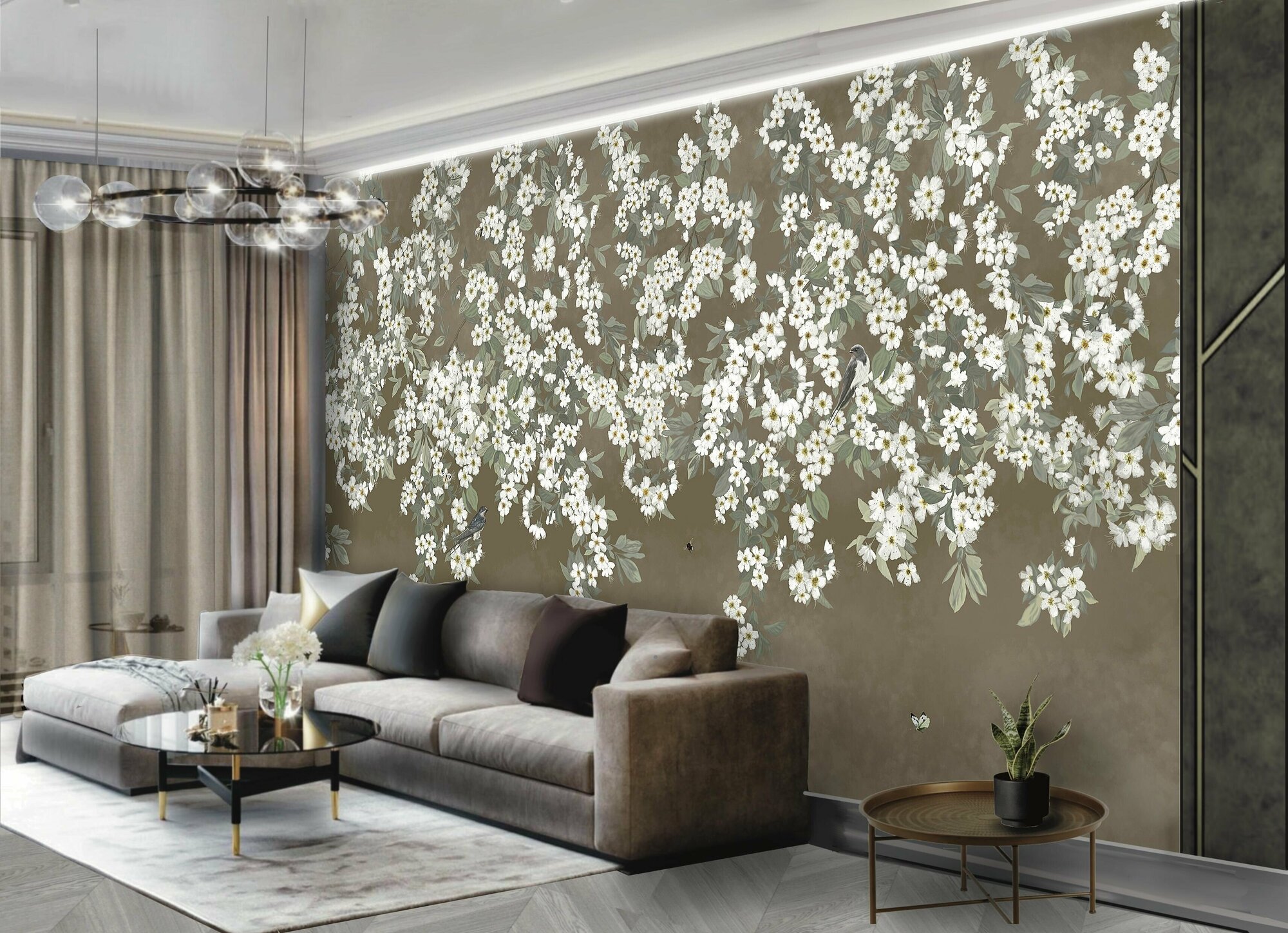 Фреска бесшовная Ласточки молочный шоколад (текстура бетон) (ширина 2750мм х длина 3500мм)