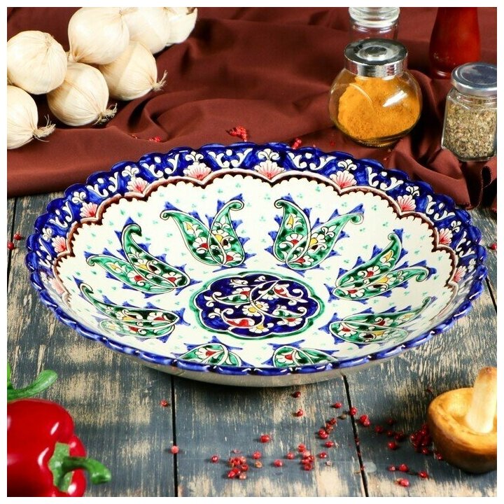 Ляган круглый, диаметр 33 см, глубокий, блюдо из керамики, узбекская посуда, тарелки для сервировки