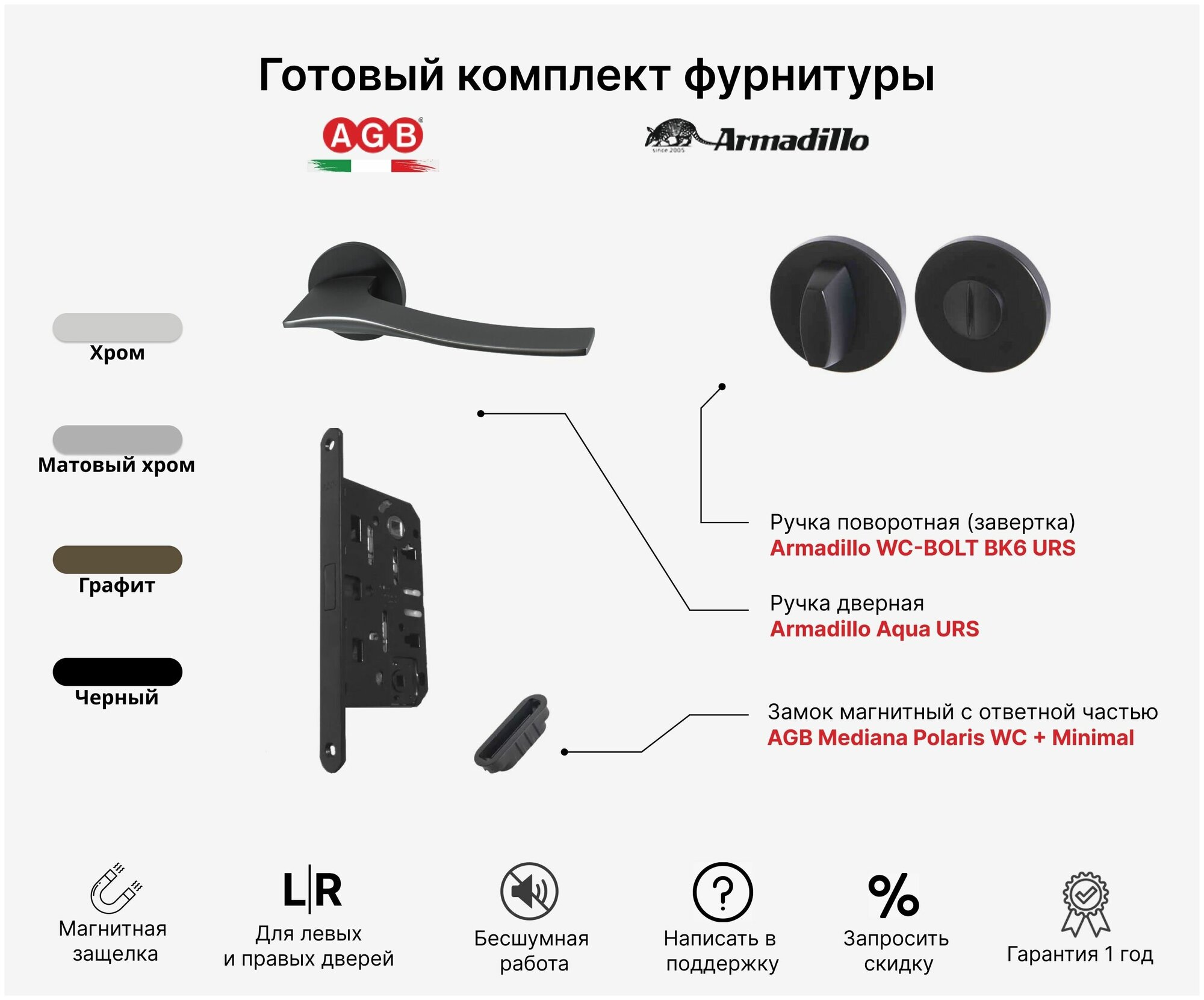 Комплект дверных ручек Armadillo, AQUA, URS BL-26 с замком и поворотной ручкой WC-BOLT, черный