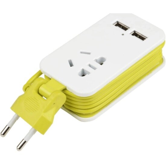 Удлинитель Uniel S-CT1-1,5U WHITE/GREEN LM серии Travel, шнур 1,5м, 1 гнездо, б/з, 2USB*1,1A. Белый с салатовым, UL-00003429