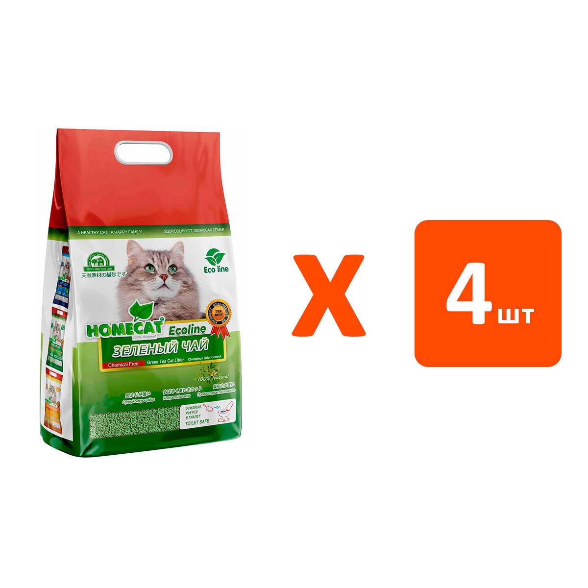 HOMECAT эколайн зеленый ЧАЙ наполнитель комкующийся для туалета кошек 18 л х 4 шт