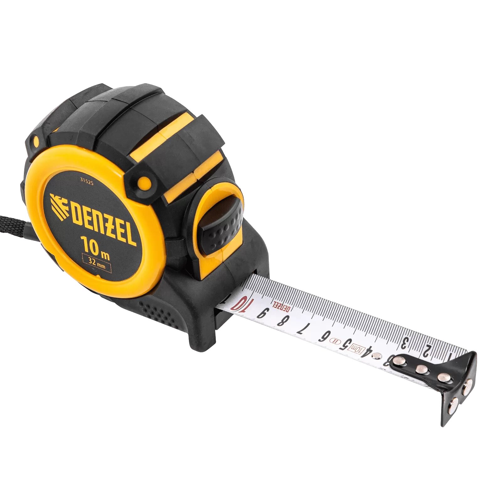 Рулетка DENZEL 31525 10м х 32мм, автоматич. фиксац, нейлон. покрытие, магнит. зацеп, двухстор. разметка