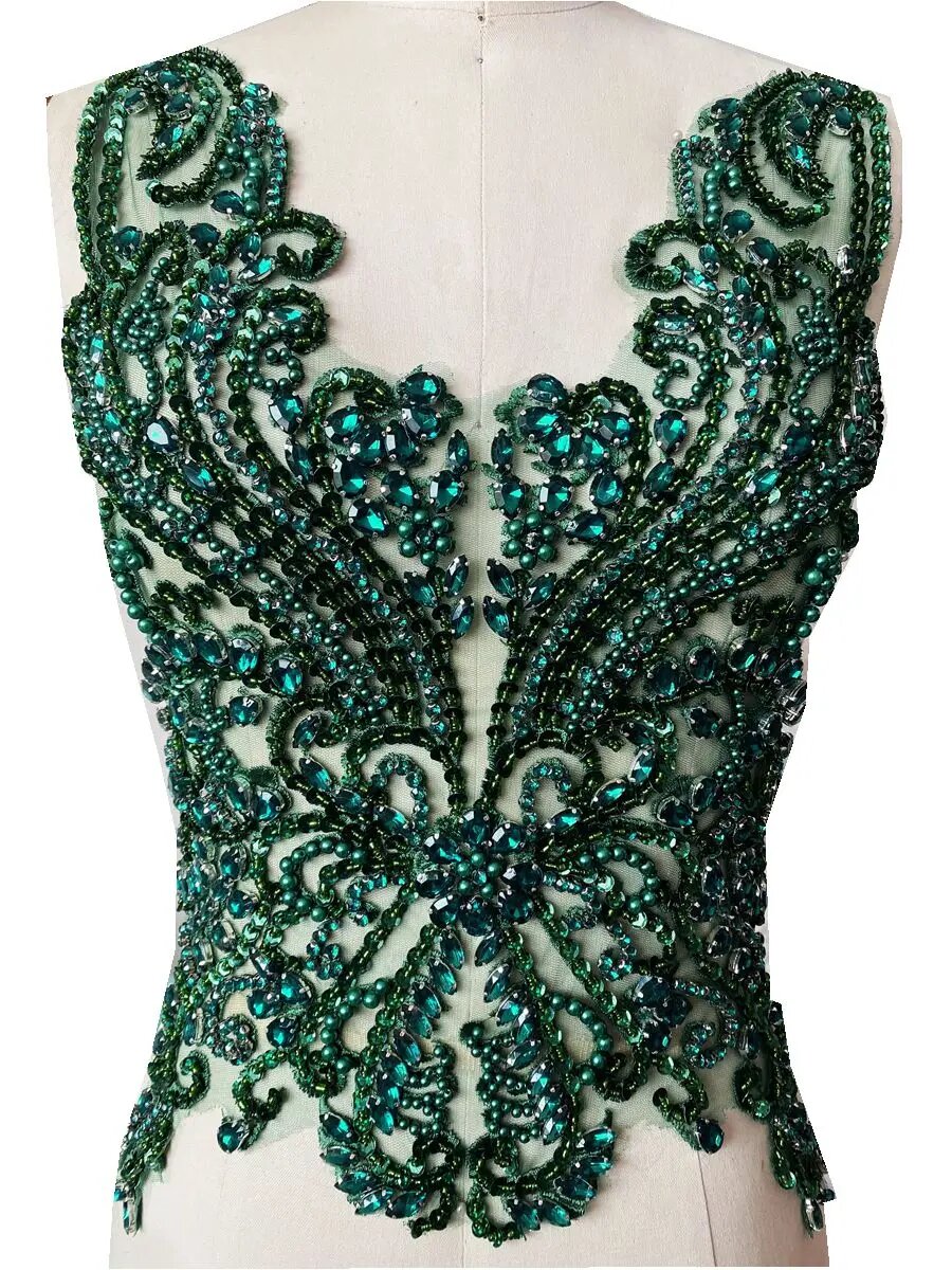 Кружевная аппликация из страз и бусин zbroh Изумрудный, deepgreen