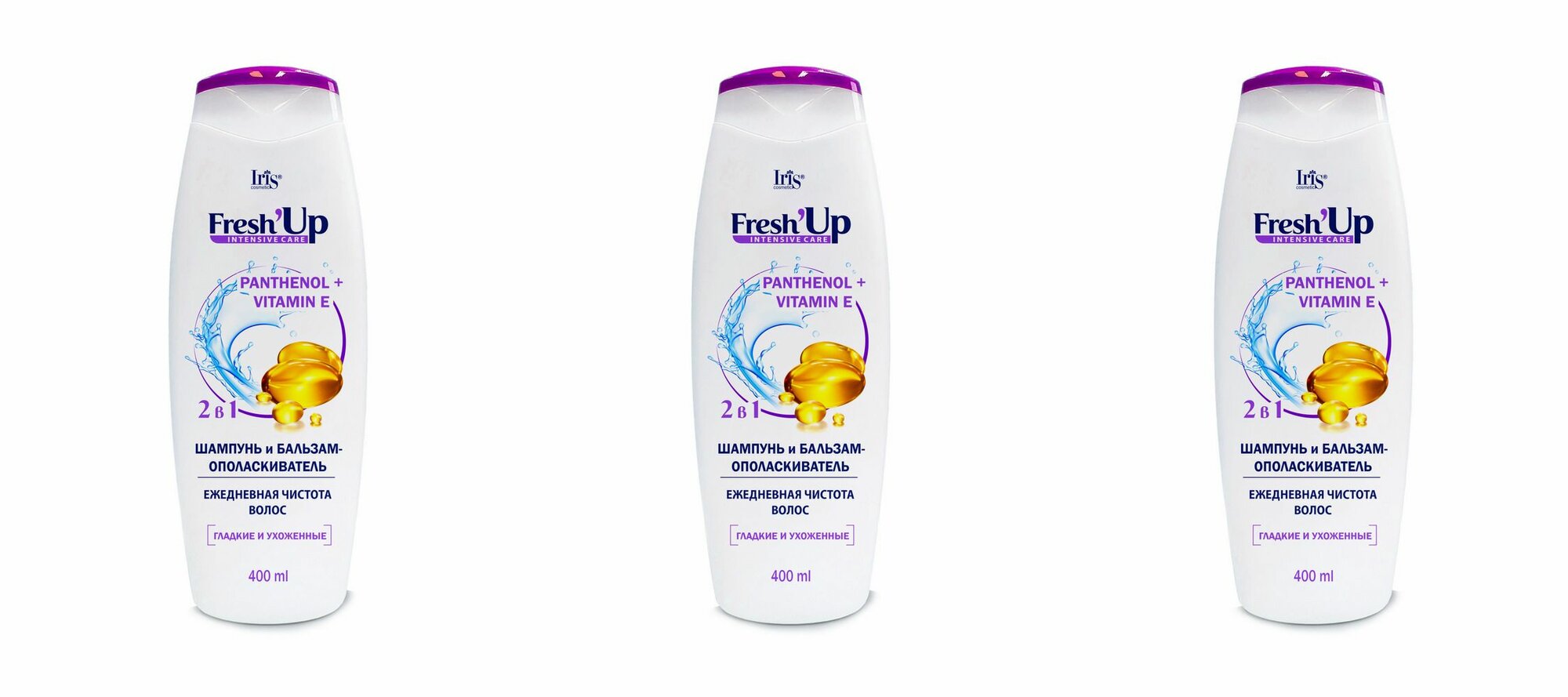 Iris cosmetic Шампунь и бальзам 2 в 1 "Пантенол+Витамин Е", 400 мл, 3 штуки