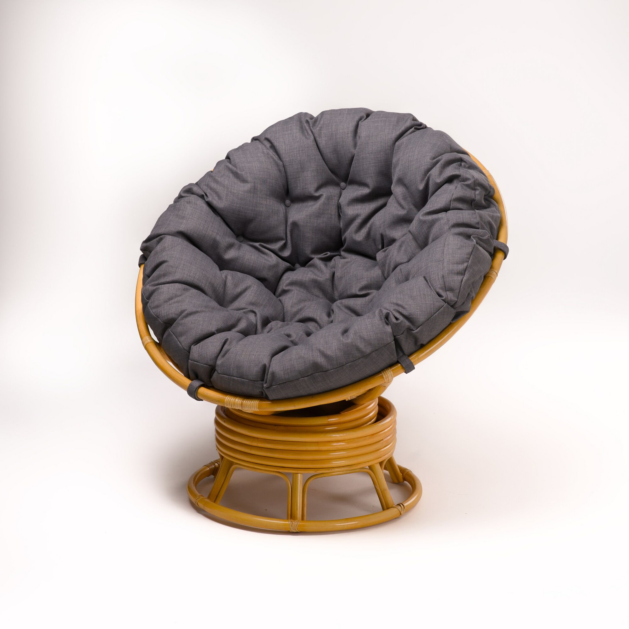 Кресло Папасан вращающийся из натурального ротанга 23/01В с серой подушкой, цвет мед