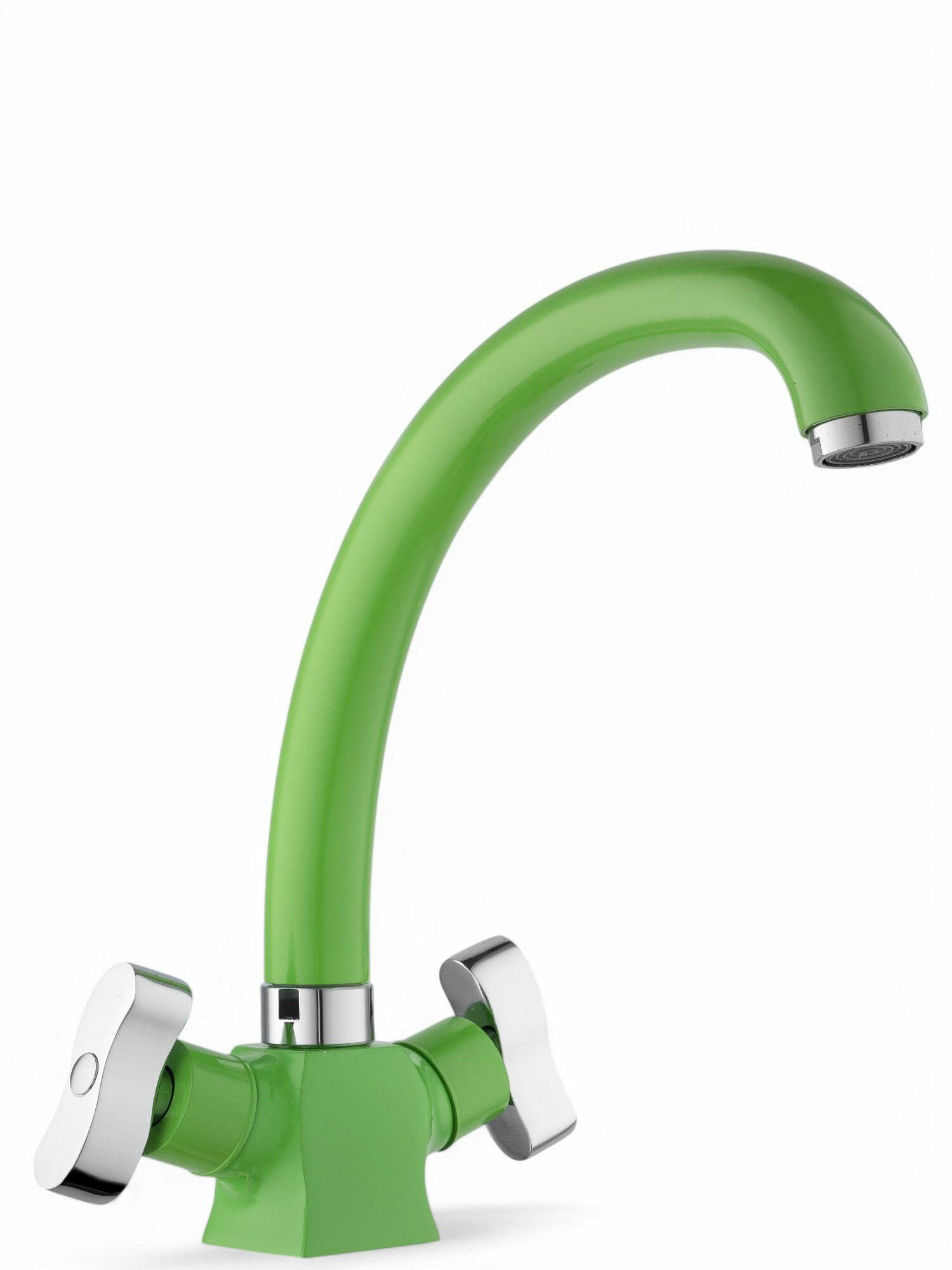 Смеситель для кухни с высоким изливом зеленый с хромированными ручками