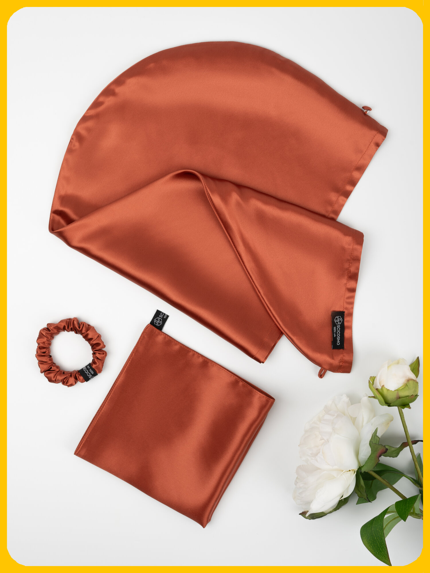 100% натуральный шёлк 22 момми/Набор: полотенце для сушки волос (тюрбан), полотенце для лица, рук, резинка 2 см/терракотовый цвет