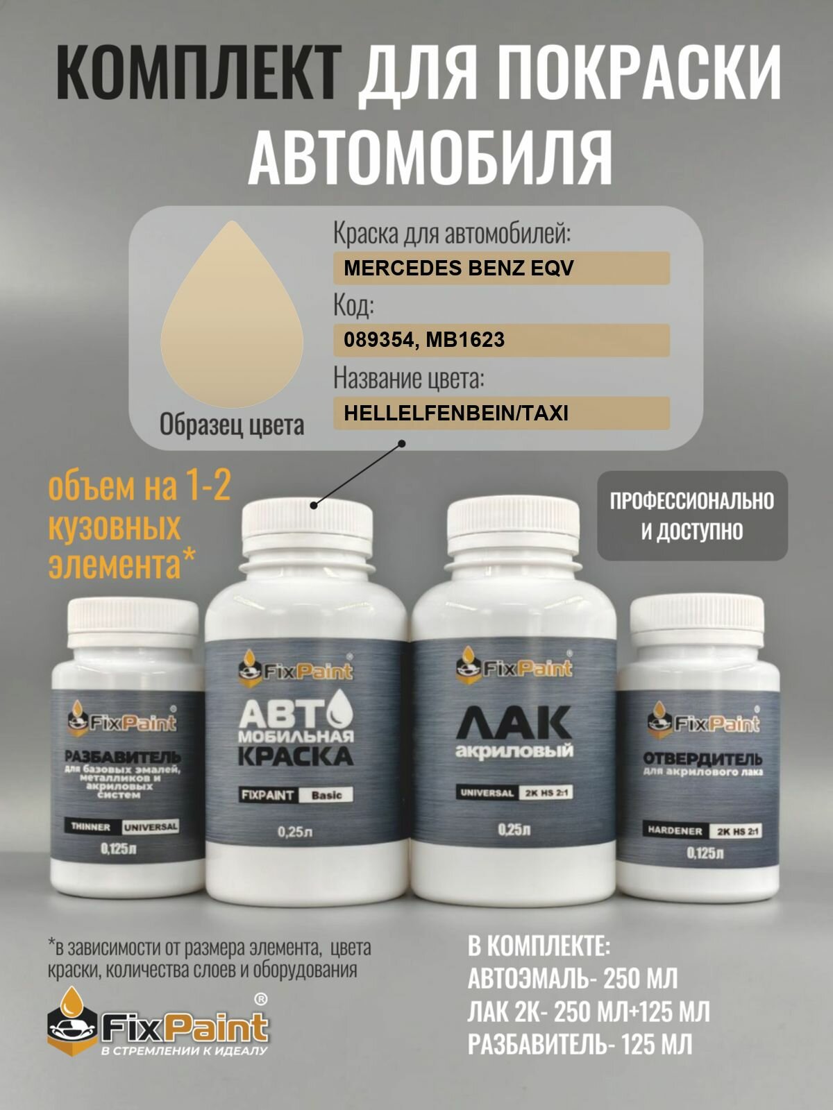 Комплект для покраски MERCEDES BENZ EQV, код 089354, MB1623, HELLELFENBEIN/TAXI, базовая автомобильная краска 250 мл, лак 2K 250 мл с отвердителем, разбавитель 125 мл, FixPaint Pro