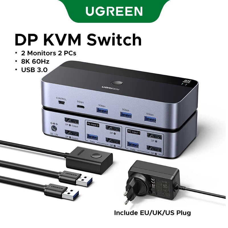 UGREEN DP 1.4 КVM-переключатель для двух компьютеров DP KVM Upgraded
