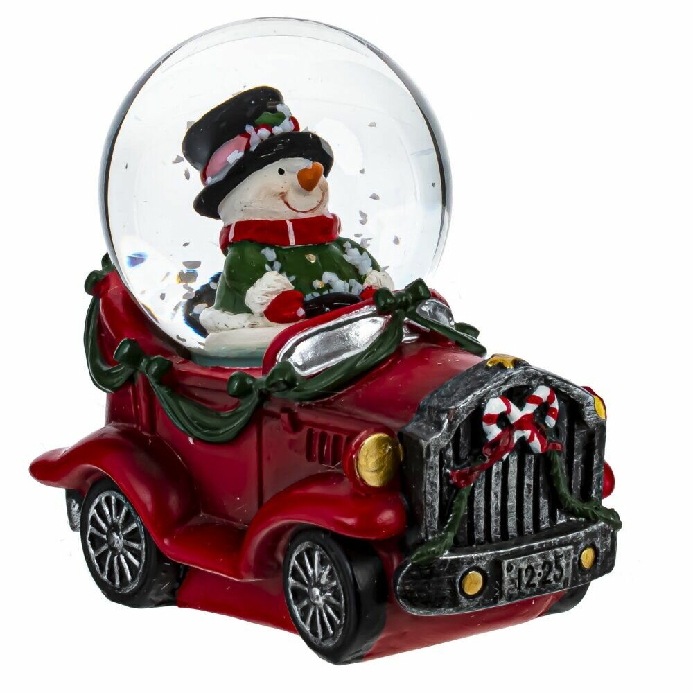Новогодний снежный шар " Снеговик на красном кабриолете" D4,5 см, L8 W4,5 H7,5 см.
