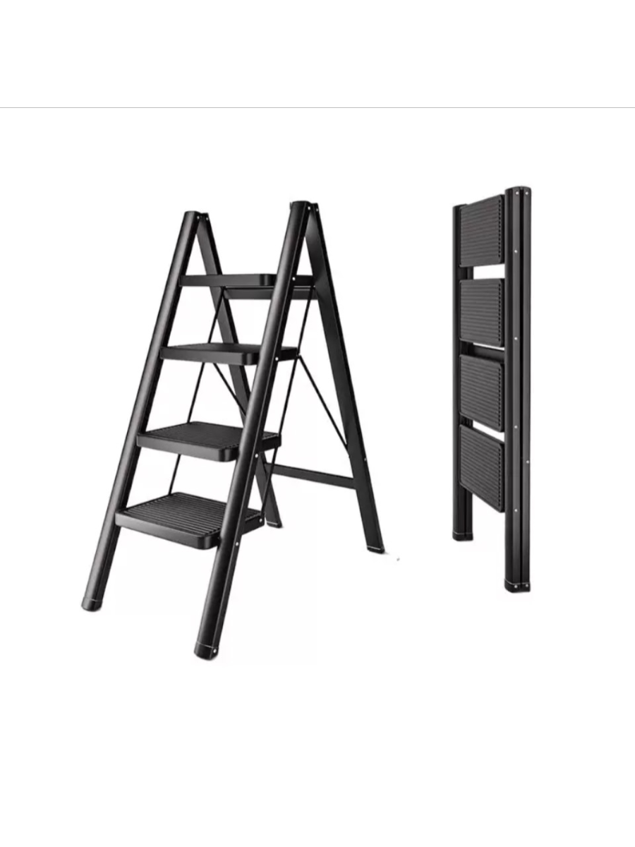 Стремянка складная конструкция алюминиевая 4 широкие ступени черная