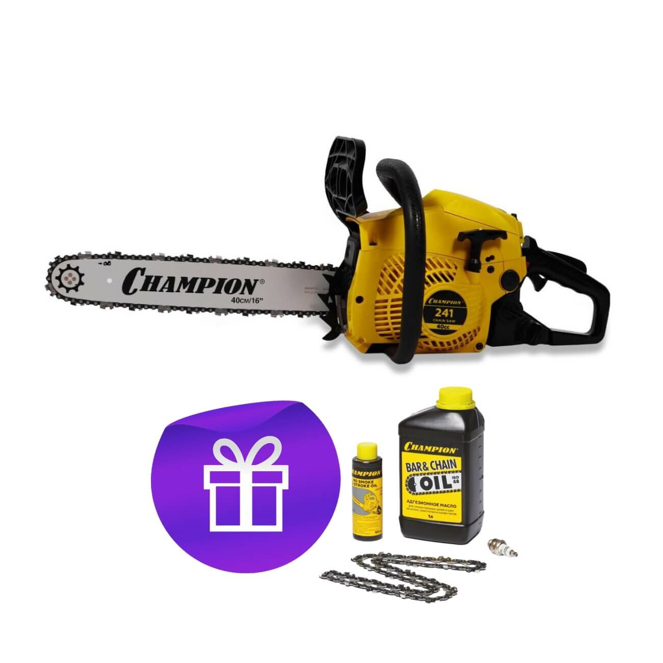 Бензопила цепная бензиновая CHAMPION 241-16 с легким запуском / пила садовая для дров, для дачи (шина 16", 40 см, 56 зв, мощность 1,8 кВт / 2,45 л. с.+ подарок (масло, свеча, цепь)