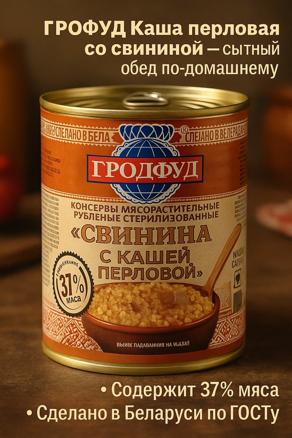 Гродфуд Каша перловая со свининой по госту Беларусь, 340 грамм, 12 банок