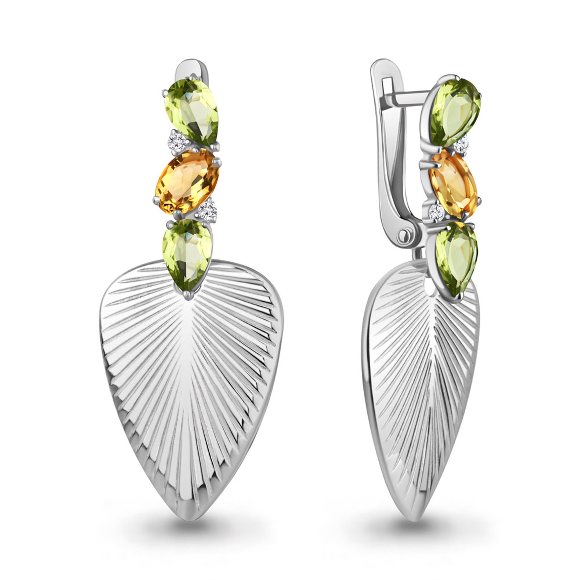 Серьги, серебро, 925 проба, родирование, хризолит, цитрин, фианит
