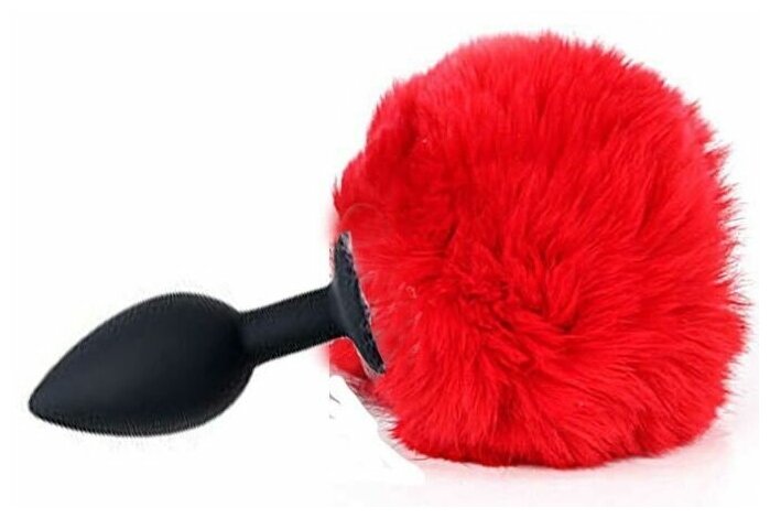 Черная анальная пробка с пушистым красным хвостиком зайки