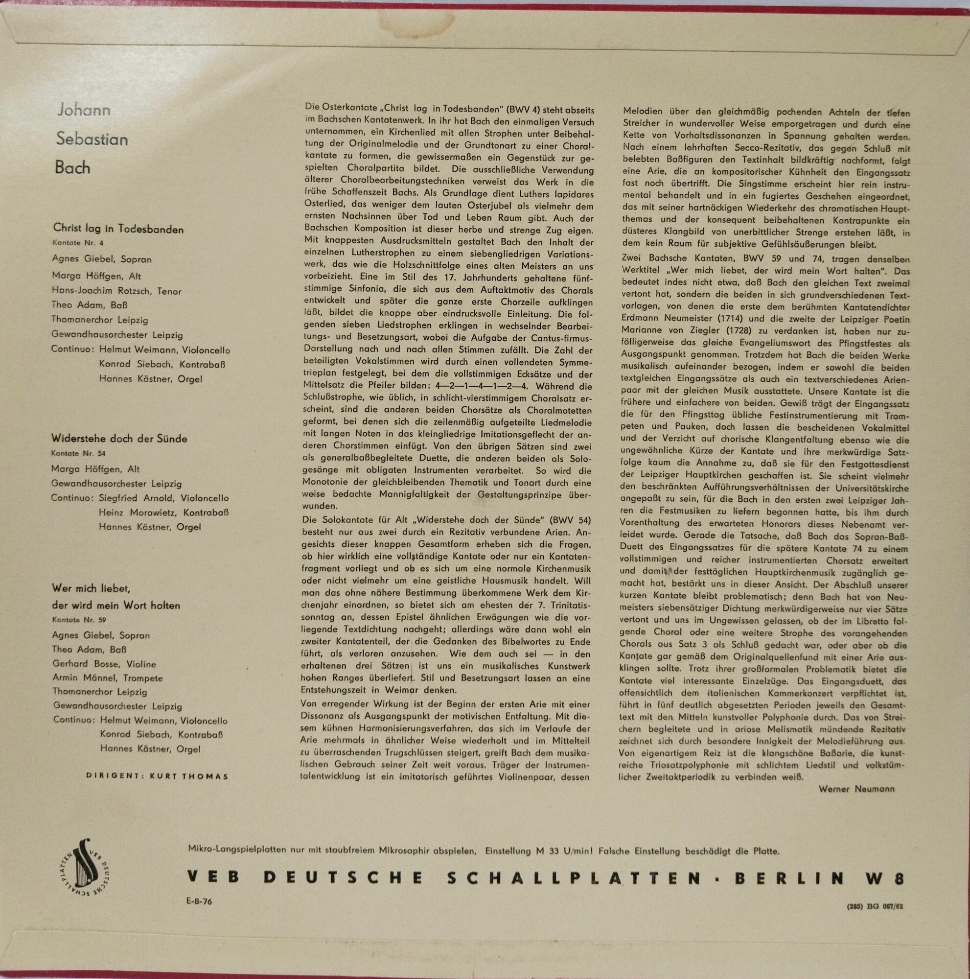 Johann Sebastian Bach, Agnes Giebel. Kantate Nr. 4, Kantate Nr. 54, Kantate Nr. 59 (M/M, ETERNA, 8 20 162, 1961, винил) LP