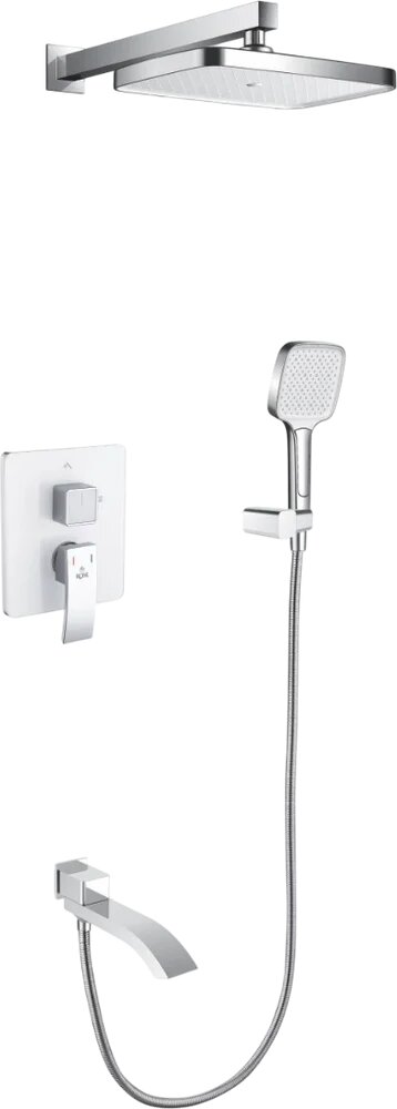 Душевой комплект Rose R1535F 5 в 1, встраиваемый, с внутренней частью в комплекте, со смесителем, с изливом, с тропическим душем, латунный, хром, белый, глянцевый, душевая система