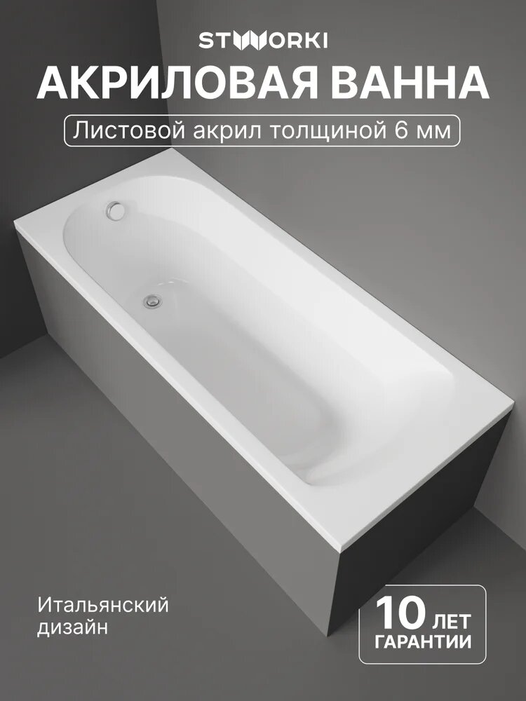 Акриловая ванна STWORKI Ольборг 170x70, с каркасом, пристенная, белая, глянцевая, прямоугольная