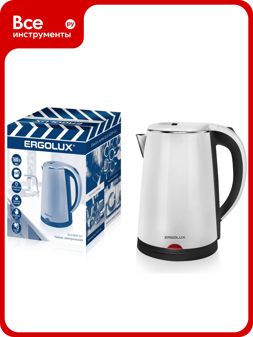 Чайник, Ergolux, Ergolux ELX-KS09-C41, черно-белый, промо, нержавеющая сталь/пластик,