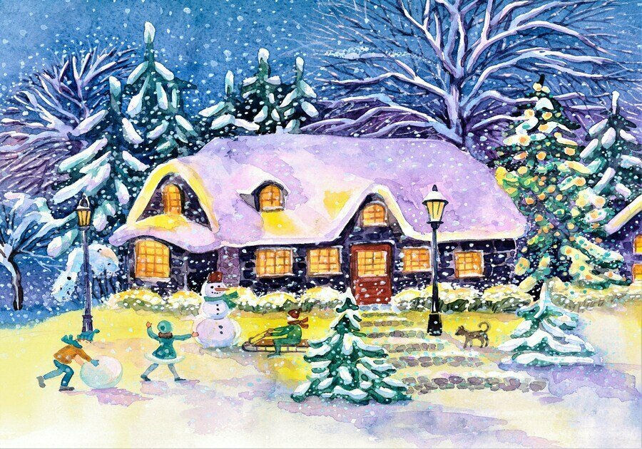 Алмазная мозаика на подрамнике "Зимний домик в лесу", 30х40 см