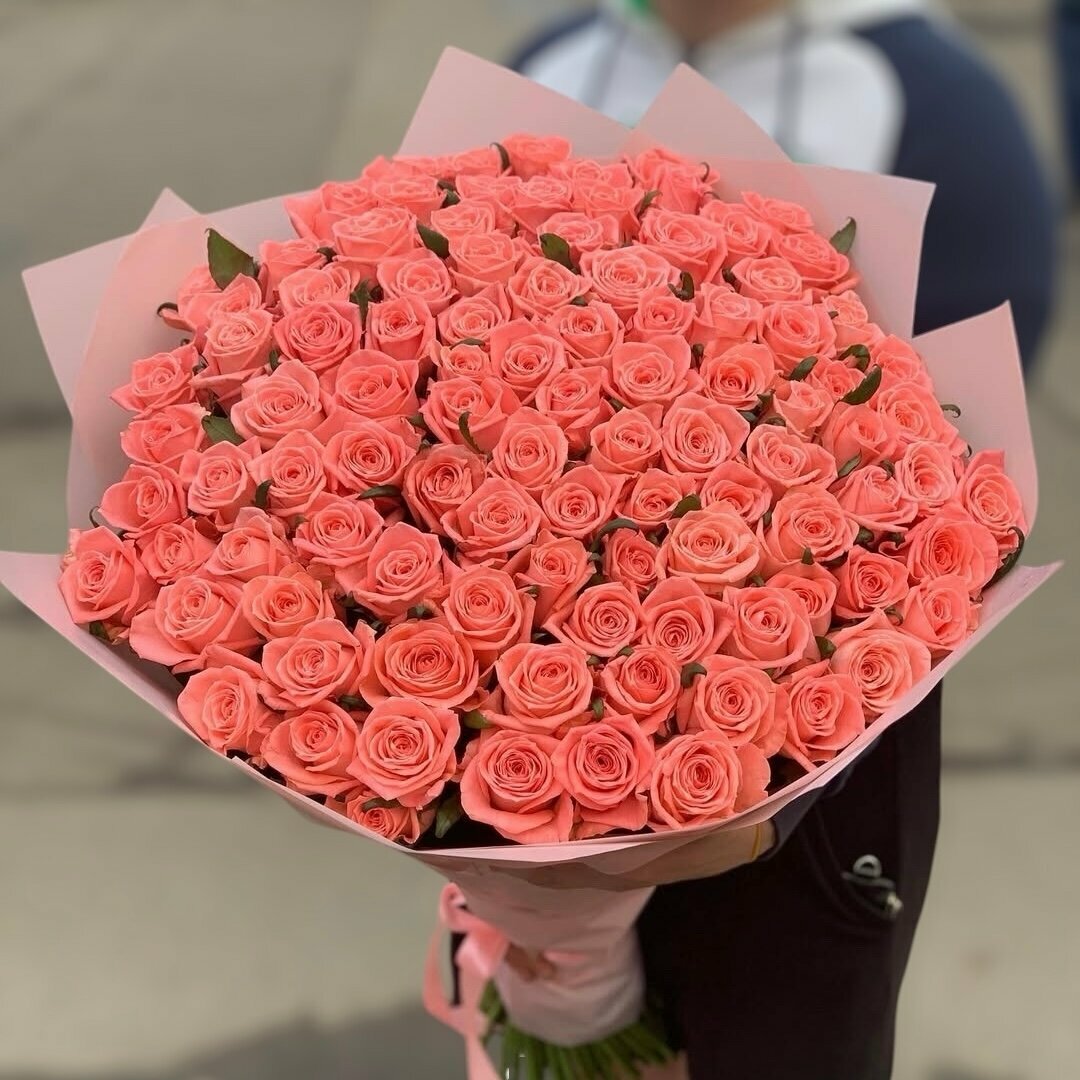 Букет из коралловых роз 101 шт, красивый букет цветов, шикарный, премиум цветы, премиум букет