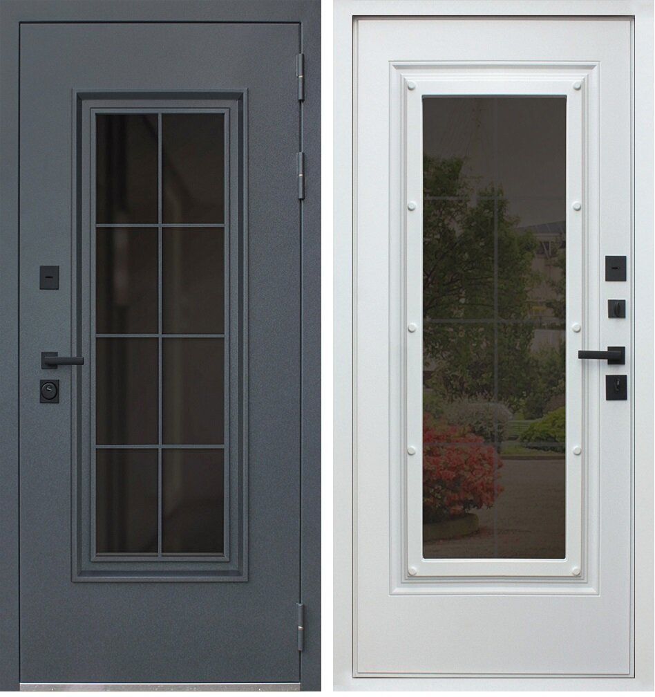 Дверь входная с терморазрывом 3 контура "Titanium" с окном и английской решеткой , с внутренней панелью цвет «белый матовый», размер по коробке 960х2050, правая.