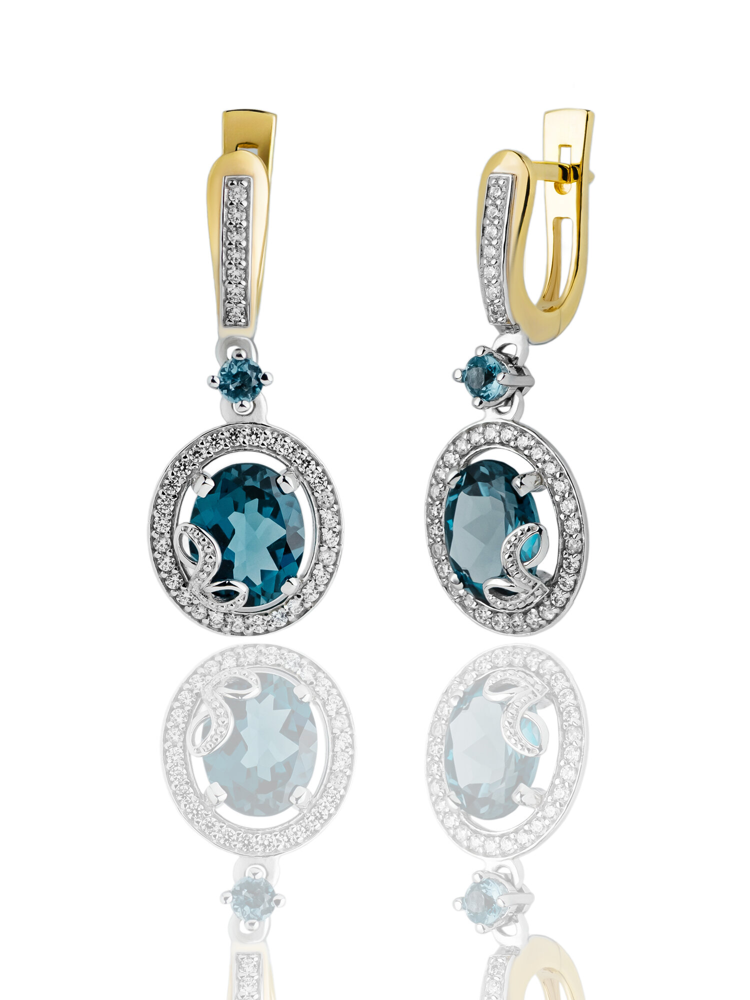 Серьги, желтое золото, 585 проба, фианит, Лондон топаз