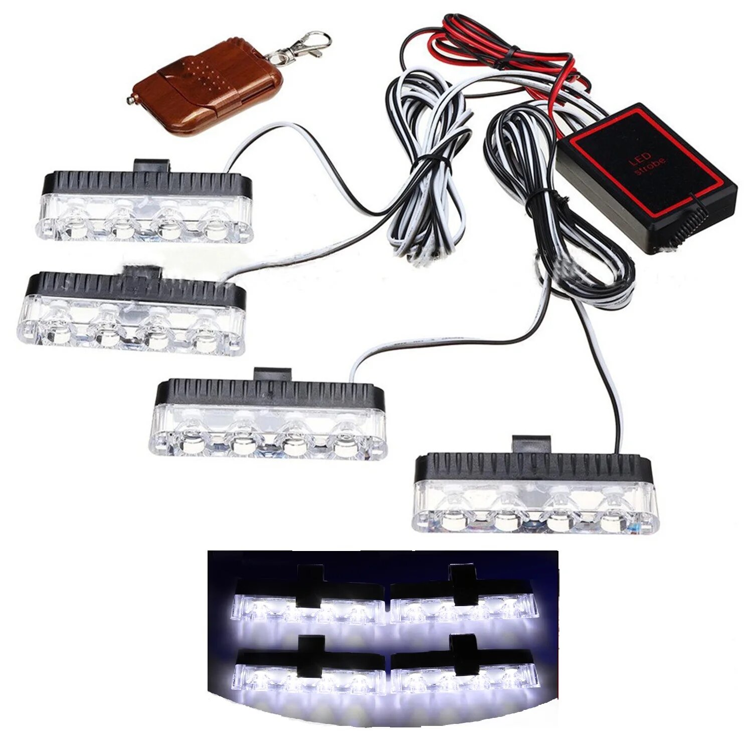 4 в 1 красный, синий аварийный стробоскоп, полицейский свет 12 В с беспроводным пультом дистанционного управления, вспышка, лампа для автомобилей, грузовиков, фургонов, внедорожников, 4X4LED white