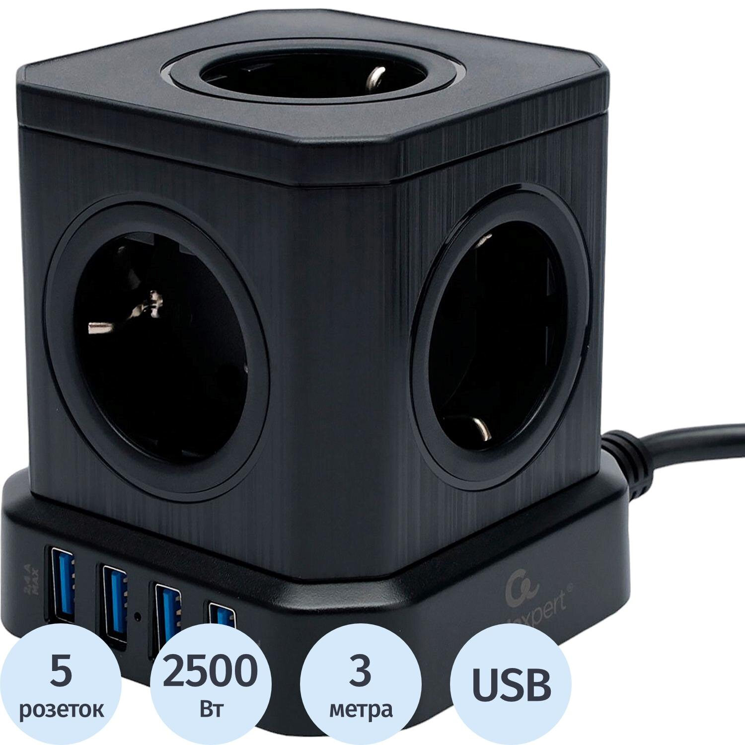 Сетевой фильтр Cablexpert Tower, 5 розеток, 3 м, 10 А, 4хUSB, черный