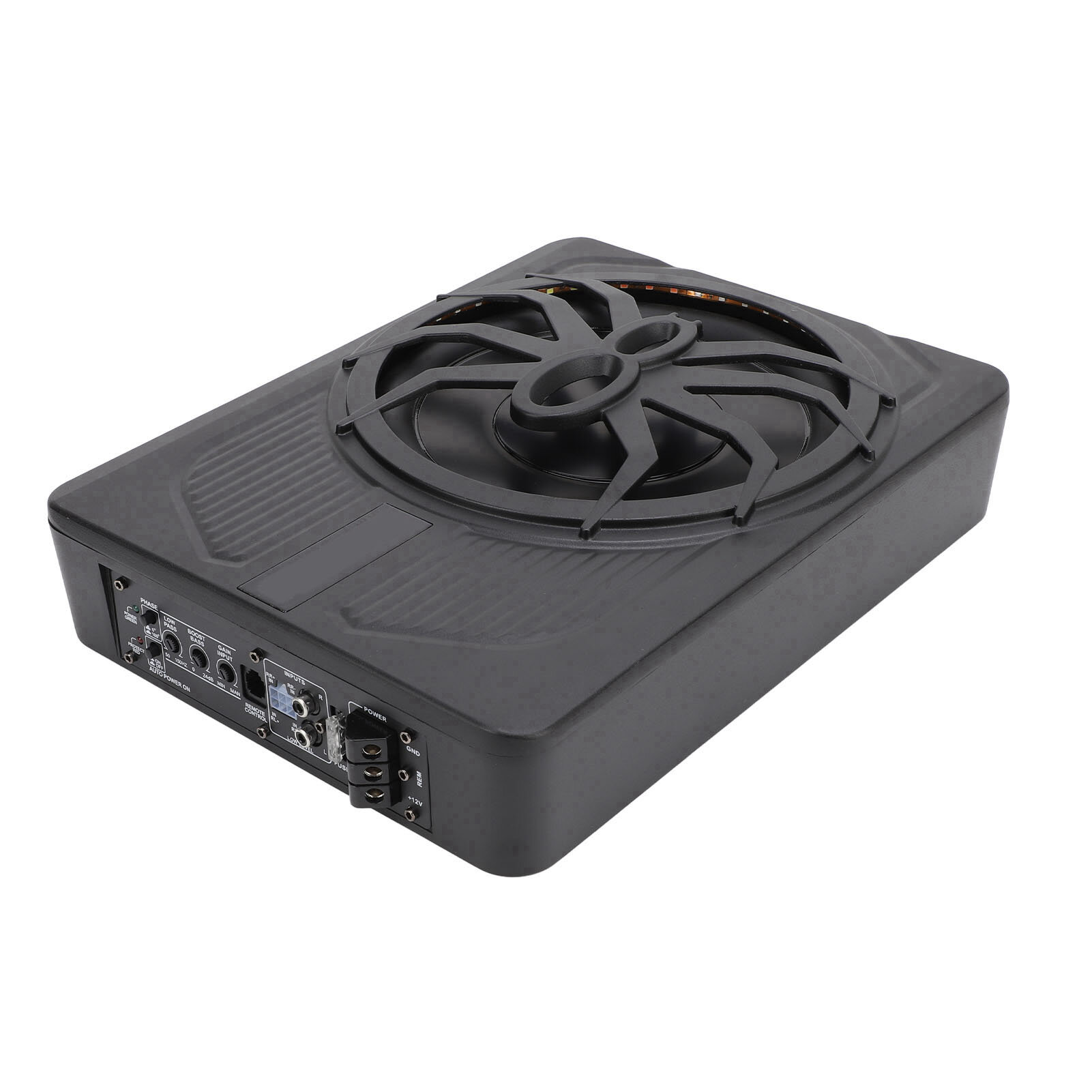 Активный тонкий автомобильный сабвуфер под сиденье 10 дюймов, 800 Вт, с цветным LED-подсветкой, в корпусе из алюминиевого сплава, с проводным пультом управления