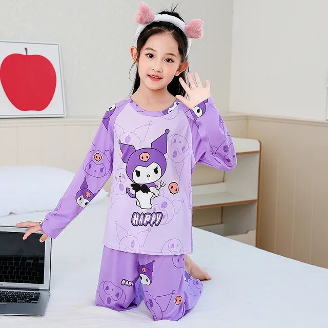 Милый детский пижамный костюм Sanrio Cinnamoroll Hello Kitty, одежда для сна Kuromi Melody для девочек и мальчиков, осенний домашний костюм с длинными рукавами, подарки, Размер: 18 (145-155 см)